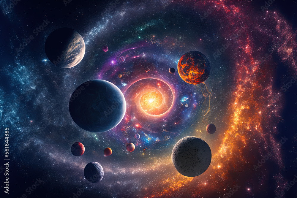 Planets, stars, and galaxies in an infinite cosmos in deep space ...