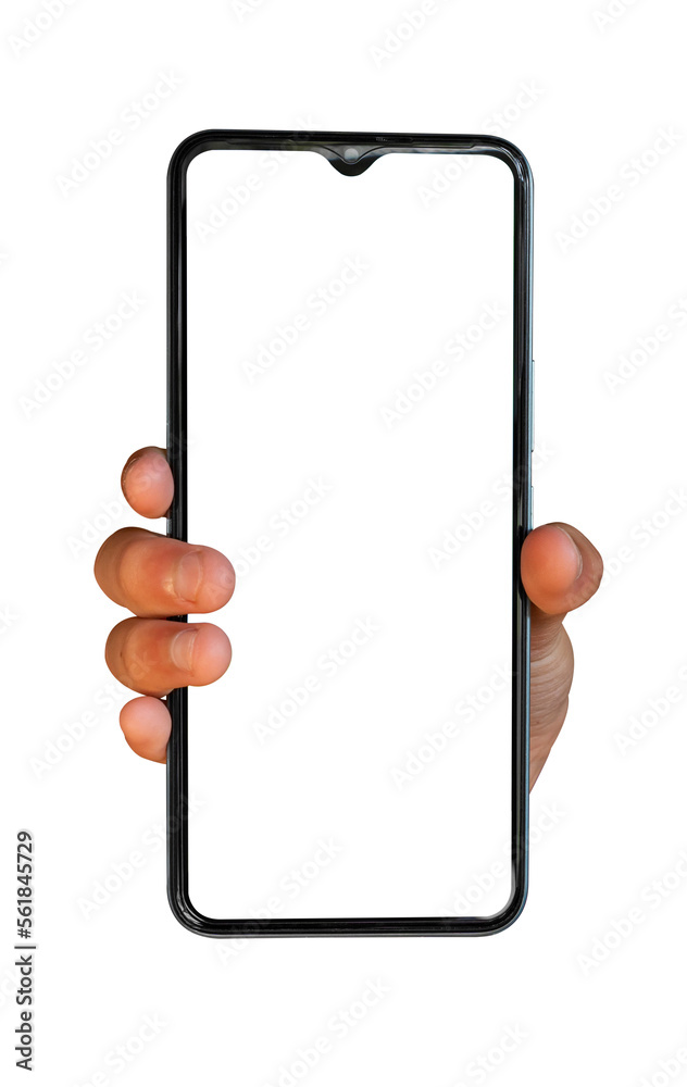 Hand holding mobile phone with blank transparent screen and background ...