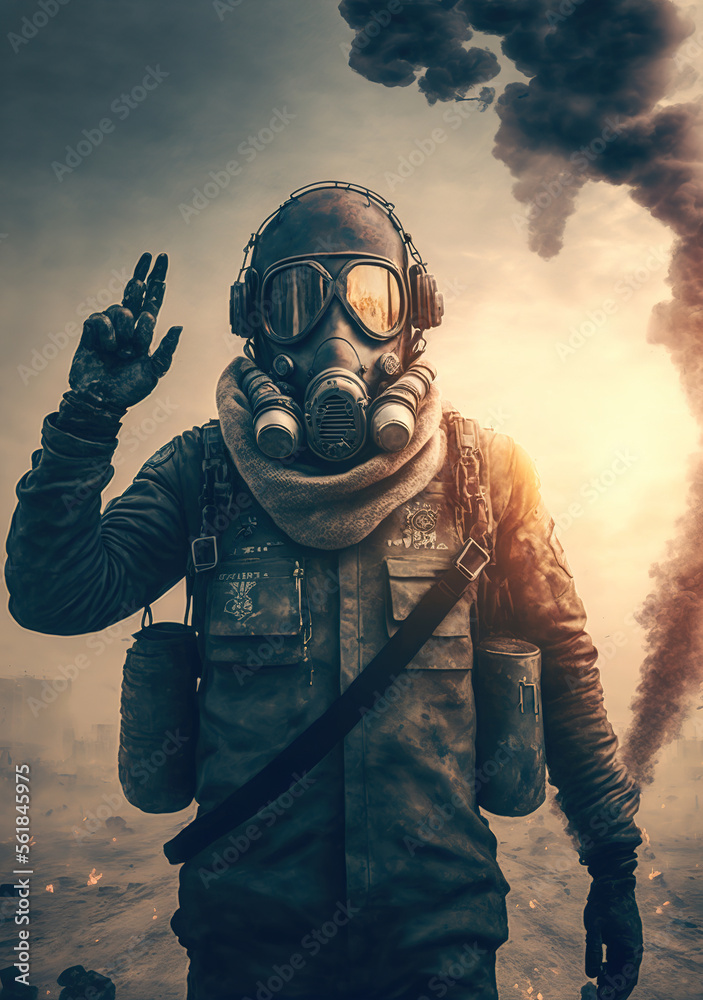 World War II soldier in mask and armour raises his hand on the ...
