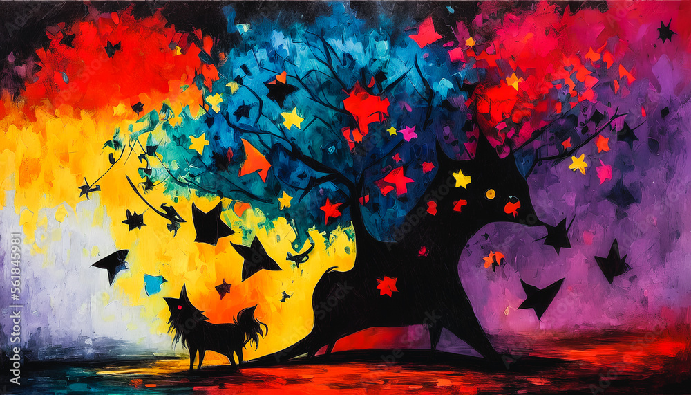 A surrealist expressionist painting in bold colors, depicting a ...