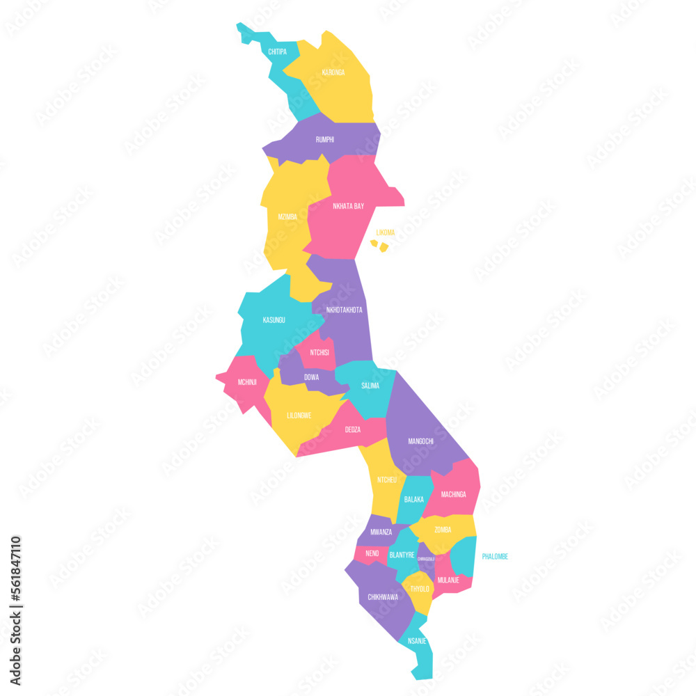 Malawi political map of administrative divisions - districts. Colorful ...