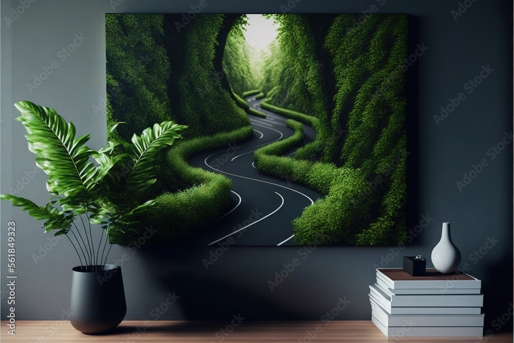 a painting of a road going through a forest with a green path going ...