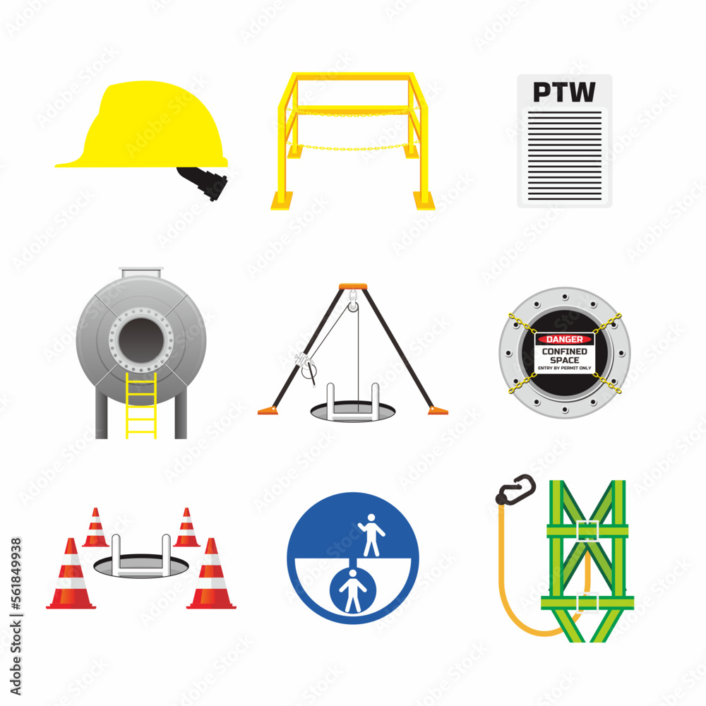 Set of colorful confined space work icon, sign and symbol for ...
