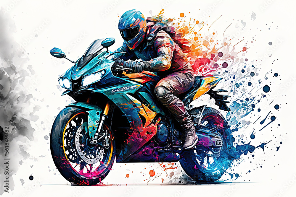 biker riding a motorcycle, bright colors sportbike, insulation on white ...