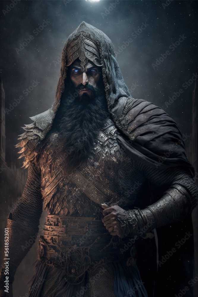 An Arabian knight wearing ancient arab clothing with ornaments and ...