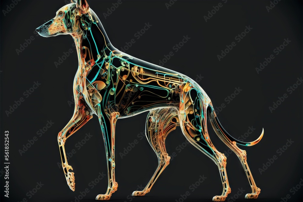 a dog with a computer model of its body and the dog's body parts ...
