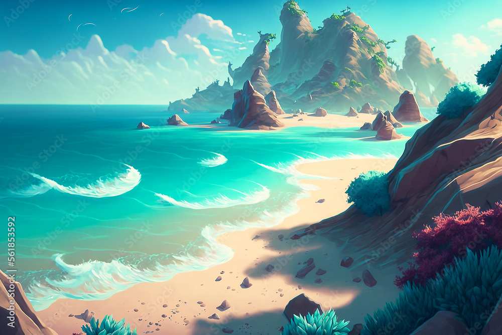 Fantasy landscape background illustration of a magical seashore. Summer ...