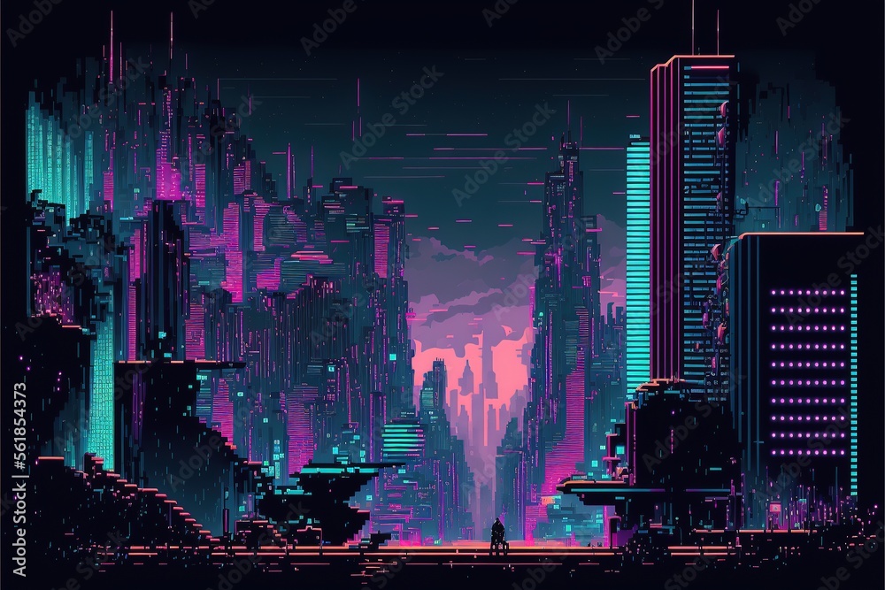 Neon pixel city night. Futuristic dark night neon cityscape with ...