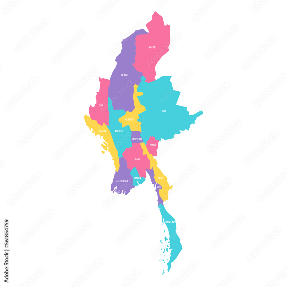 Myanmar political map of administrative divisions - states, regions and ...