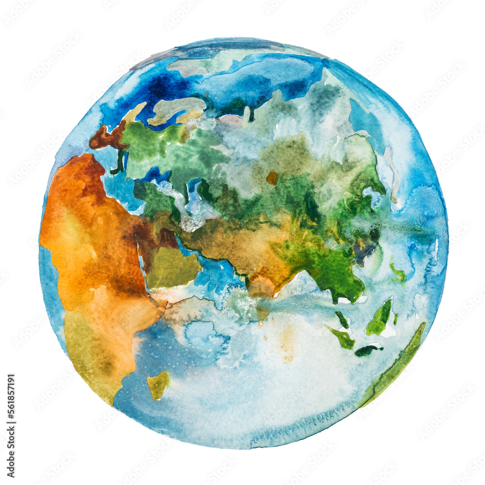 Asia, Europe and Africa on the globe. Earth planet. Watercolor. Stock ...