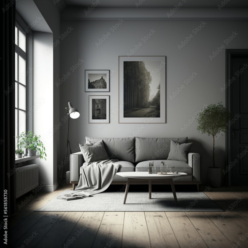 Black and white abstract painting on white empty wall of chic living ...
