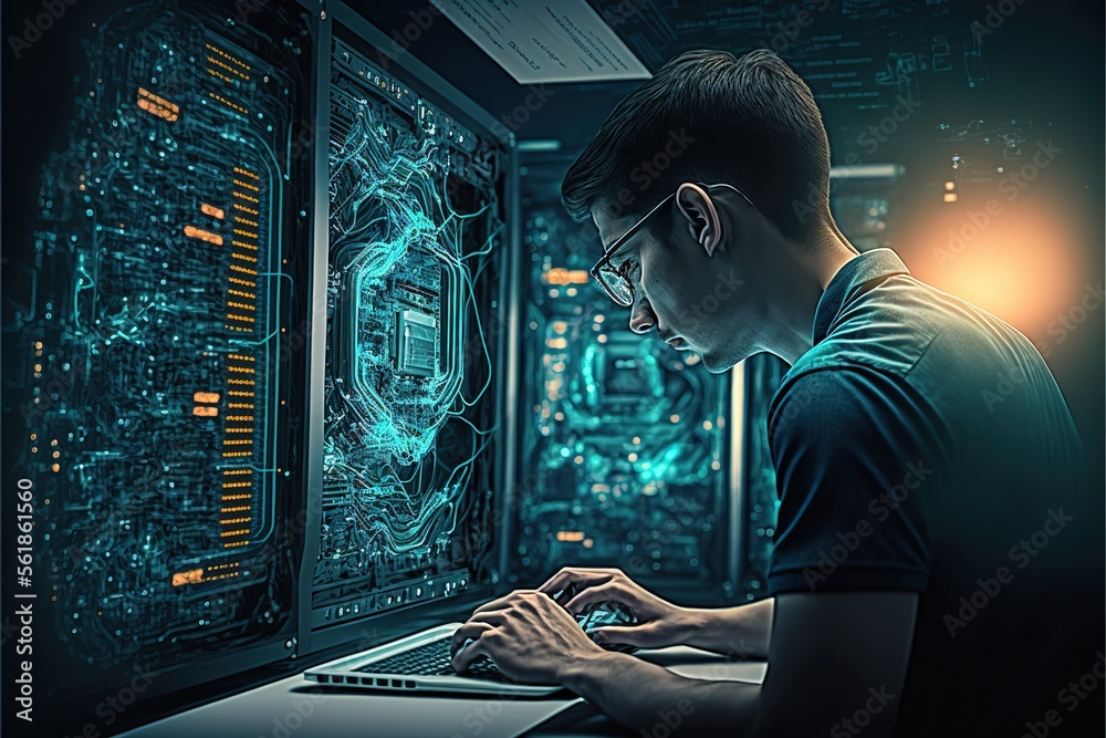 Computer engineer working on laptop computer with server room, data ...