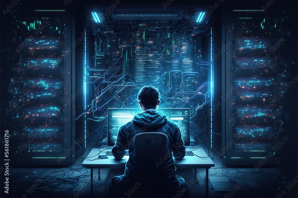 Computer engineer working on laptop computer with server room, data ...