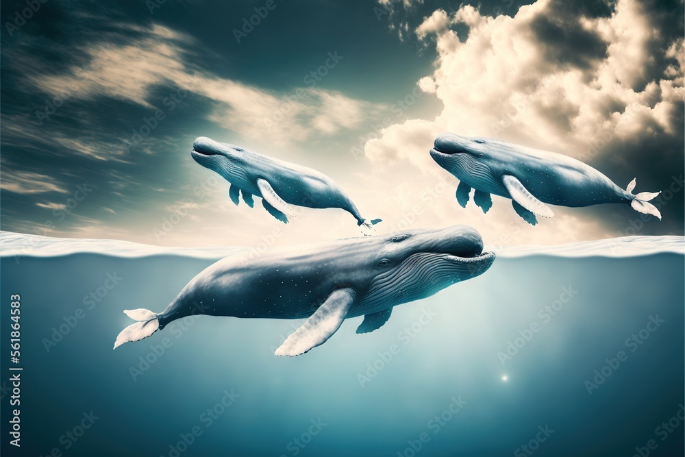 two humpback whales swimming in the ocean under a cloudy sky with ...