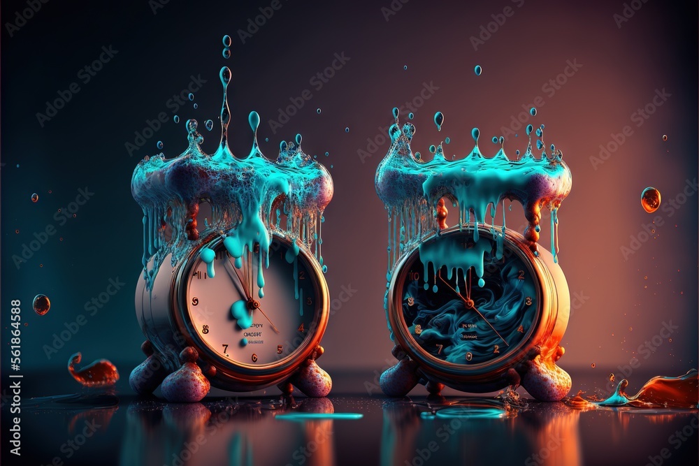 a clock with a liquid splash on it and a clock with a clock face on it ...