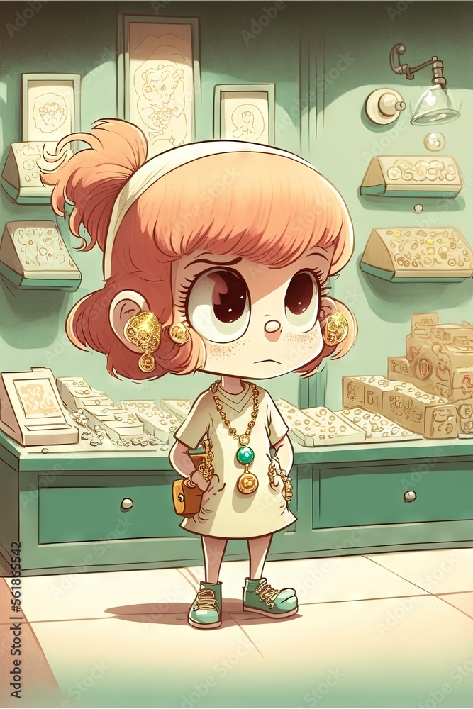 Ilustração do Stock: a cartoon girl standing in front of a jewelry ...