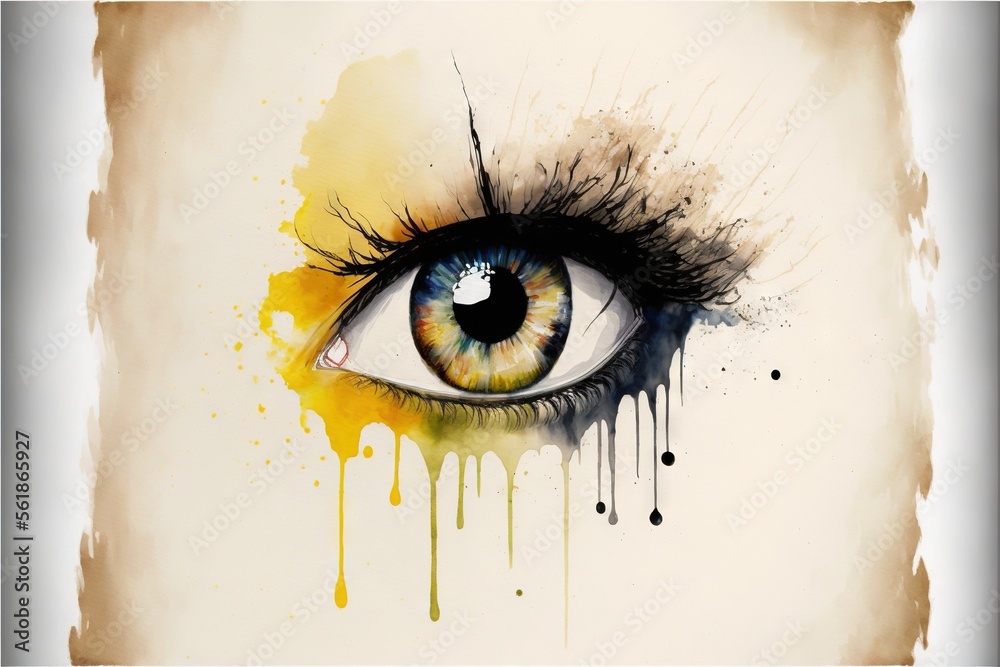 a painting of an eye with yellow and blue paint splatters on it's side ...