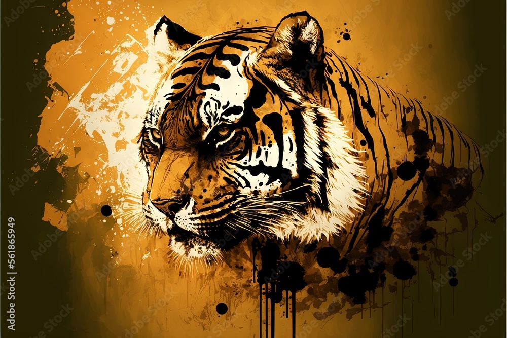 a tiger with a yellow background and black spots on it's face and head ...