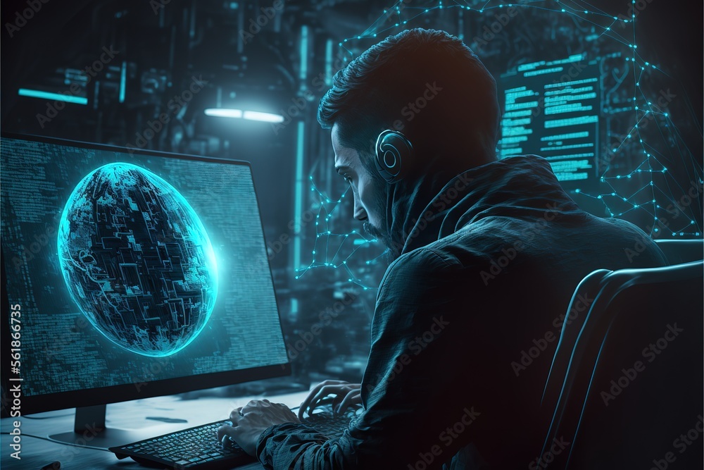 Cyber security concept. Man using computer with system hacked alert due ...