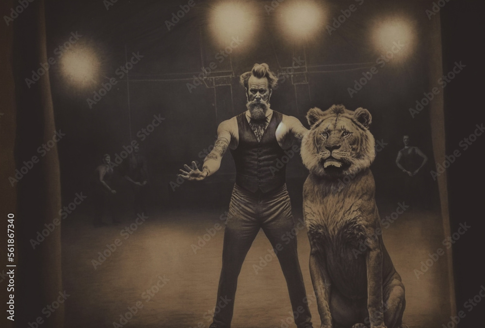 Vintage circus lion tamer with a big beard standing next to large cat ...