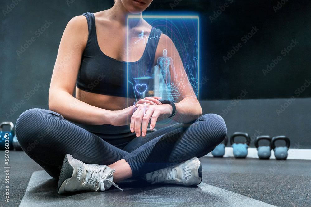 Sports fit Fitness hands, smart watch or future data on healthcare ...