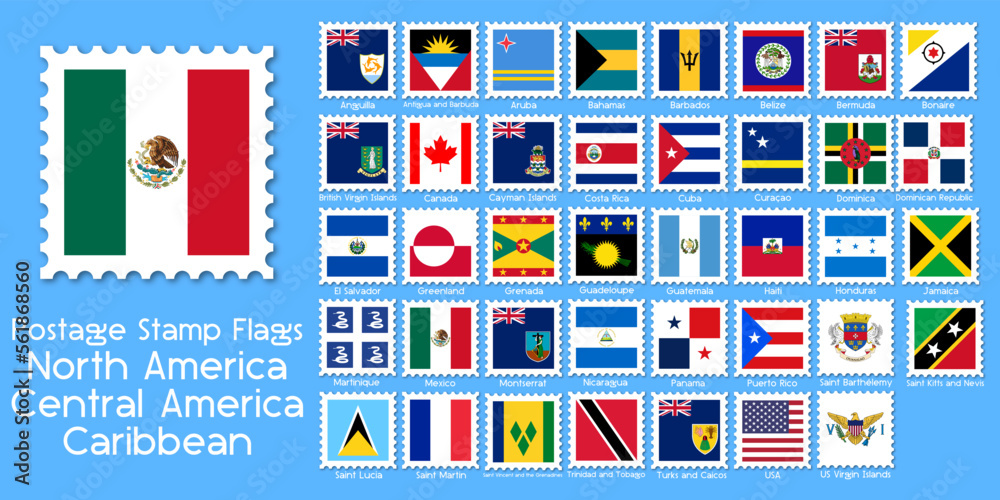 North and central american continent and caribbean country flags ...
