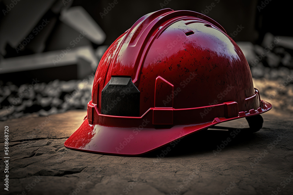 A red safety helmet or hardhat, construction worker PPE, is placed at ...