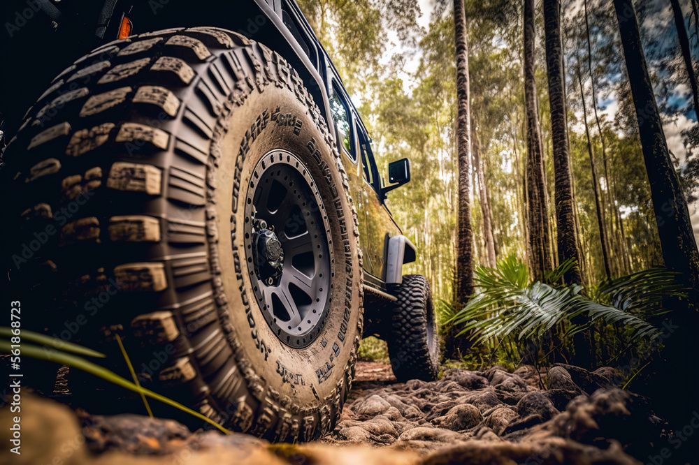 A big wheel of the 4x4 off-road car driving on terrain route in the ...