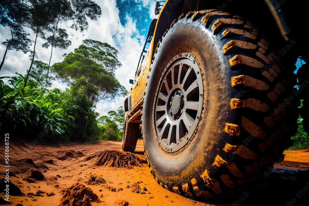 A big wheel of the 4x4 off-road car driving on terrain route in the ...
