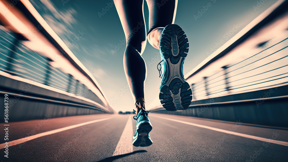 A woman runner with muscle body in sprinting action on the race track ...