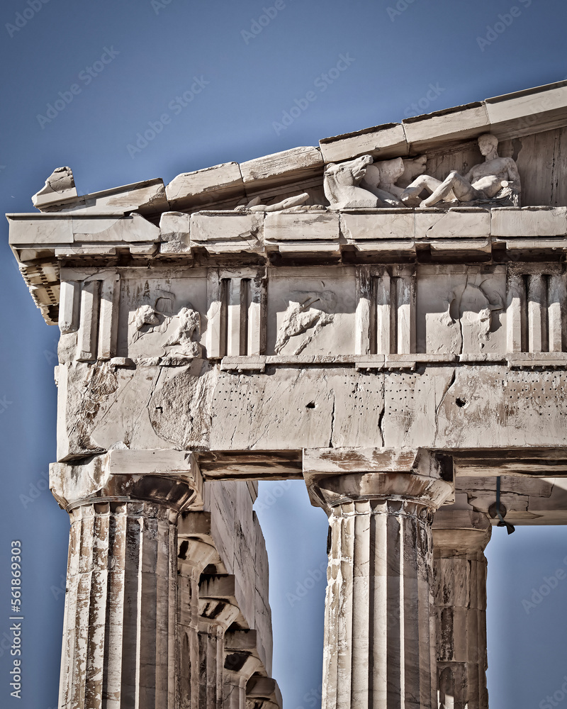 Detail of Parthenon, the famous ancient Greek temple on the acropolis of Athens, Greece. The ...