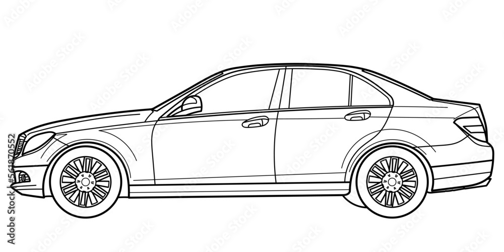Classic luxury sedan car. Side view shot. Outline doodle vector ...