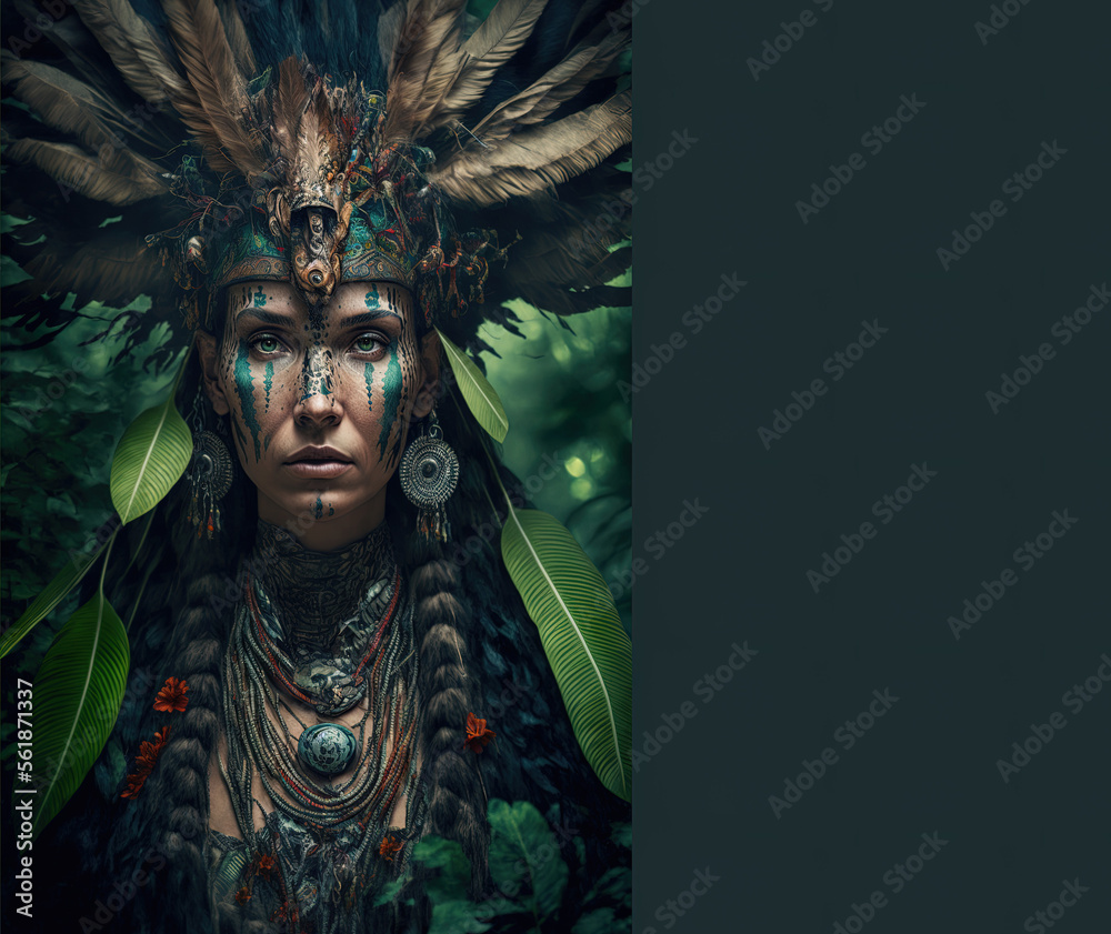 Beautiful shaman in nature. Copy space. Awesome wise-woman in nature ...