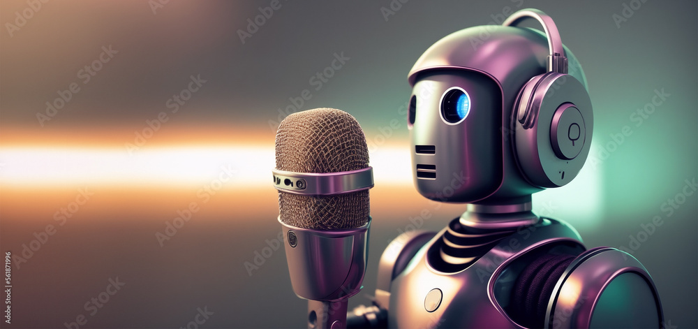 Tin robot talks to a microphone with text space created with Generative ...