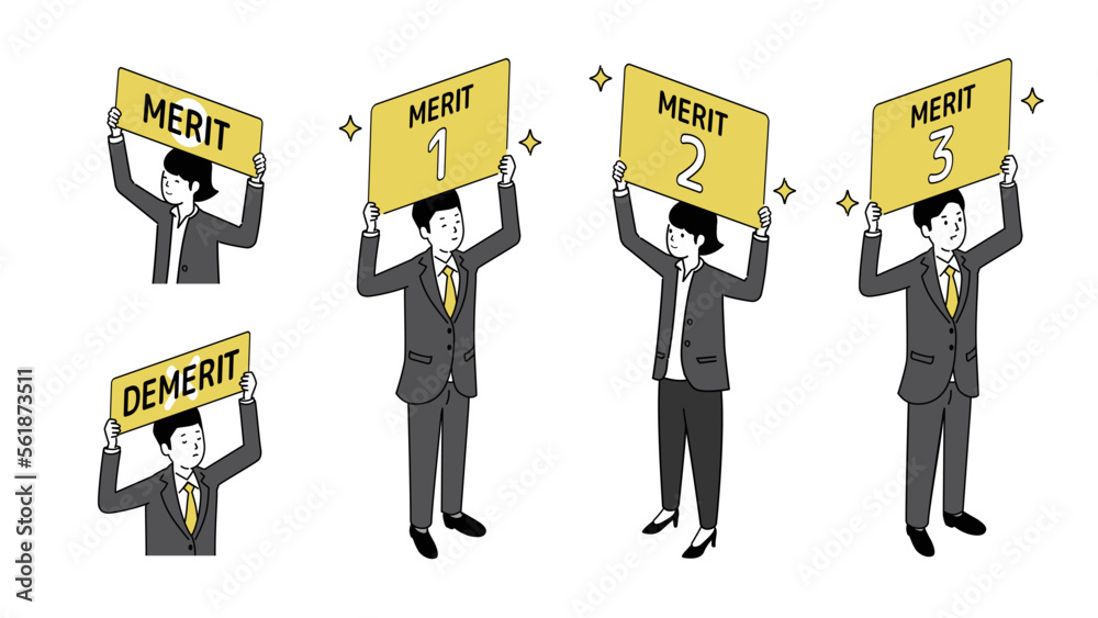 メリットとデメリットのプラカードを持つ男女のイラスト、ベクター Stock Vector | Adobe Stock