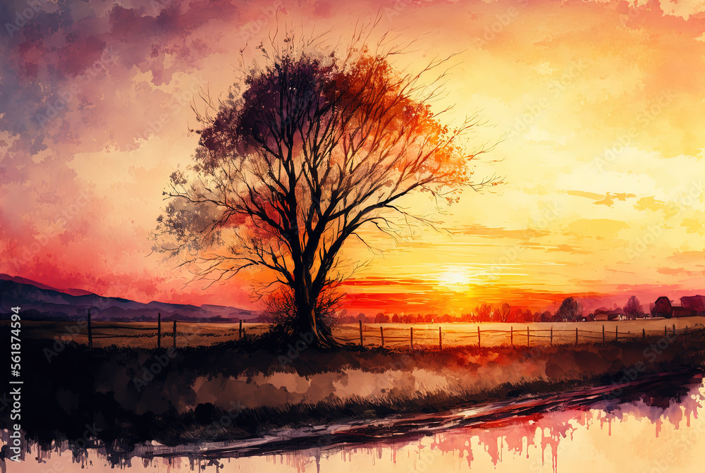Watercolor sunset spring landscape painting. Trees, bloom, meadow and ...