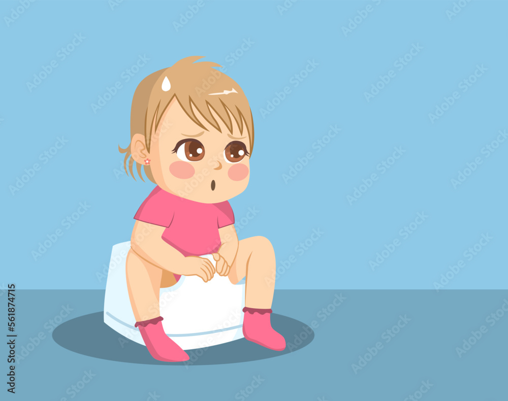 Vector illustration of cute little girl having a hard time sitting on ...