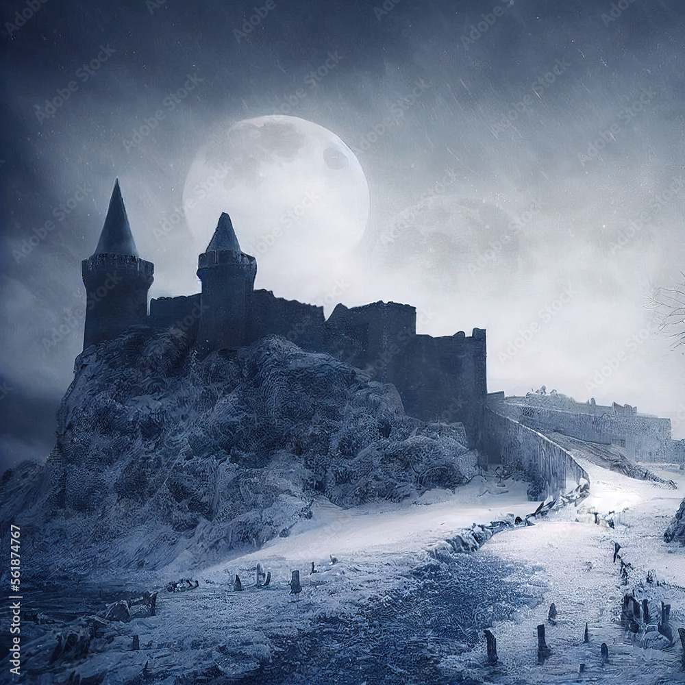 Fantasy frozen castle - digital illustration. Stock Illustration ...