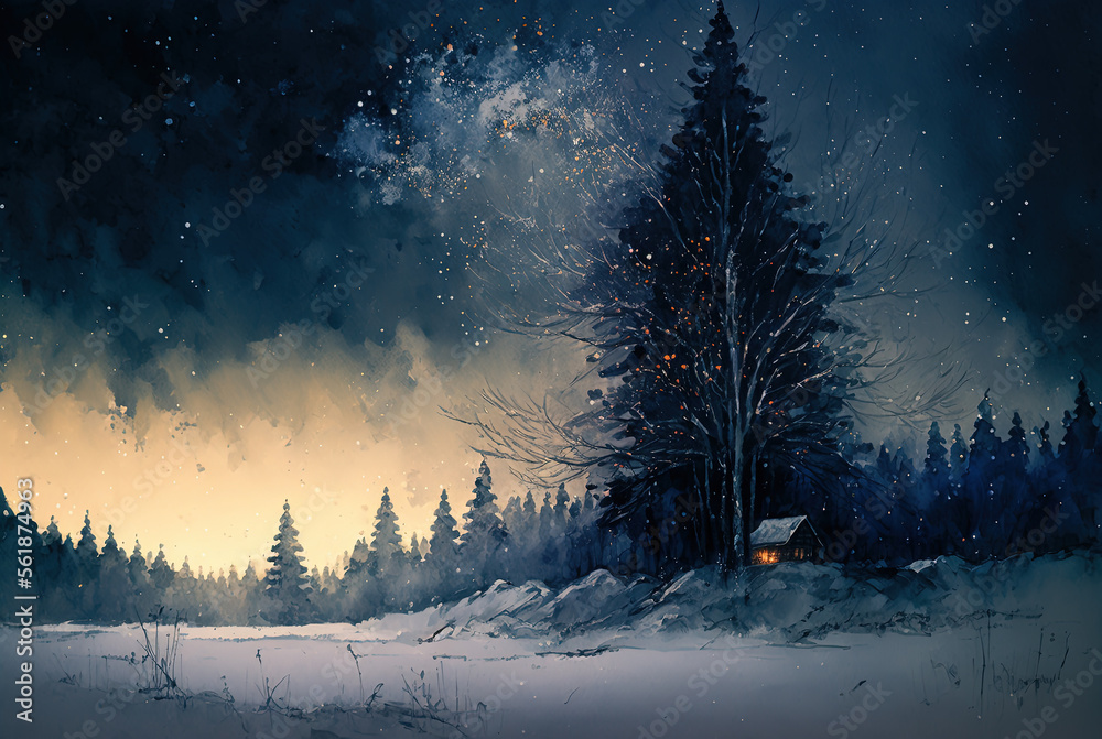 Watercolor winter landscape painting. Forest and mountains on a starry night. Ai generated Stock ...