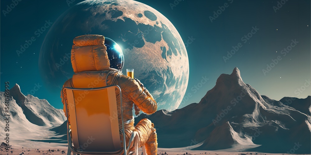 Back view of lunar astronaut having a beer while resting in a beach ... Back view of lunar astronaut having a beer while resting in a beach ...
