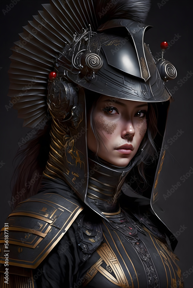 realistic digital artwork portrait of a female samurai in black armor ...