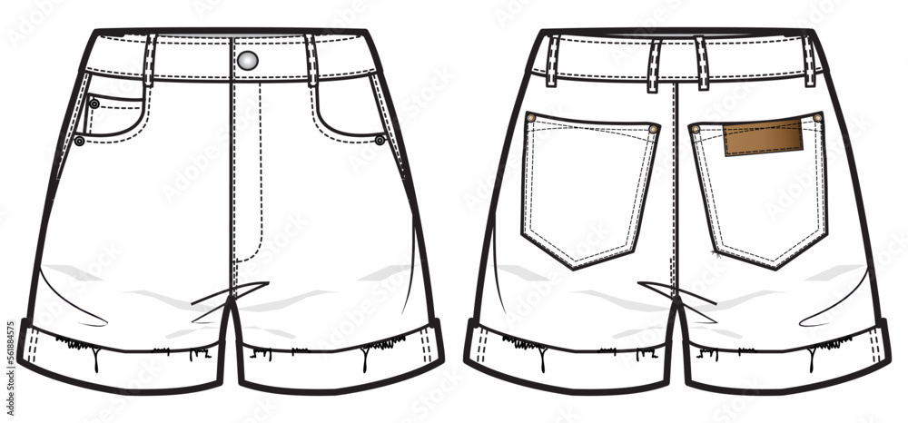 Womens Denim shorts front and back view flat sketch fashion ...