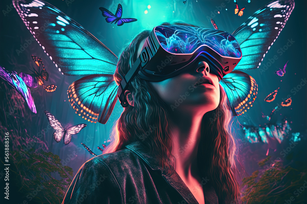 Portrait of a beautiful woman in vr glasses. Full immersion concept ...
