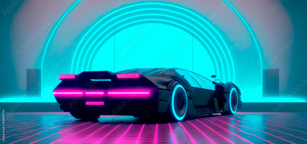 Futuristic car with neon lights against future background with glowing ...