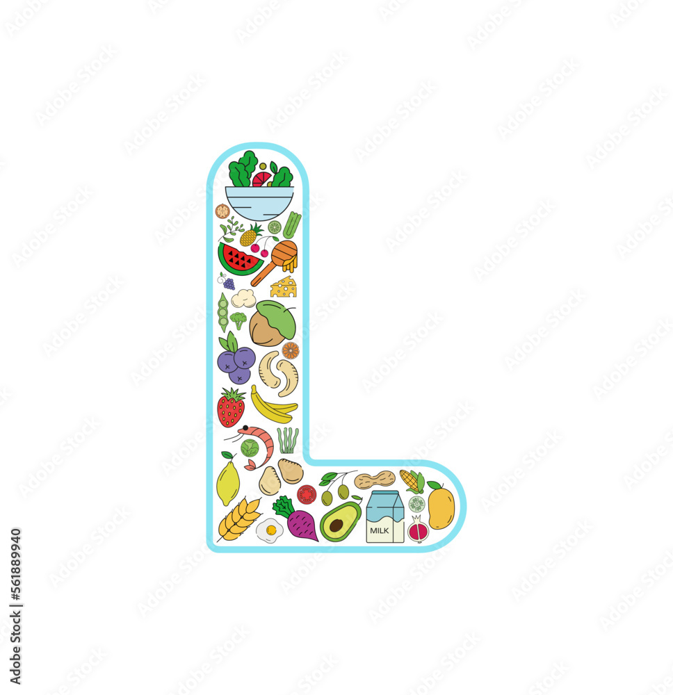Food and drink collage icon set from letter L. Vector set of essential ...
