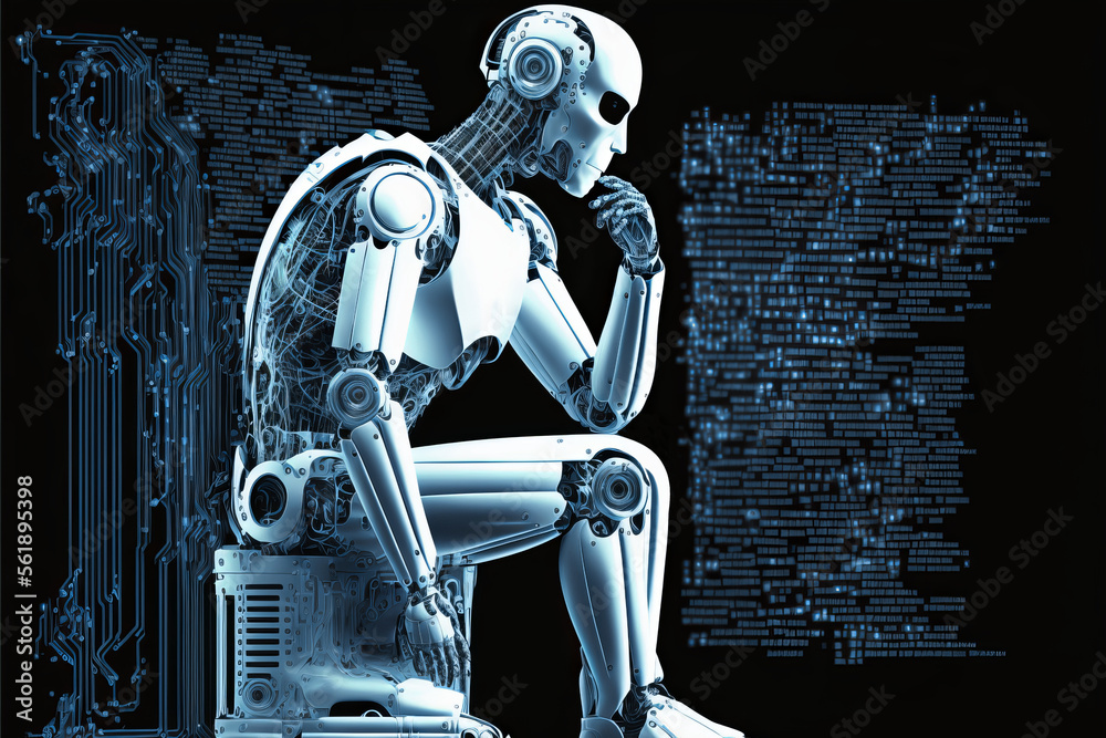 Robot thinking in data center server room. Futuristic computer ...