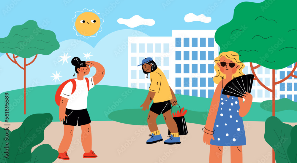 Summer weather. Hot temperature. People suffer from heat in city park ...