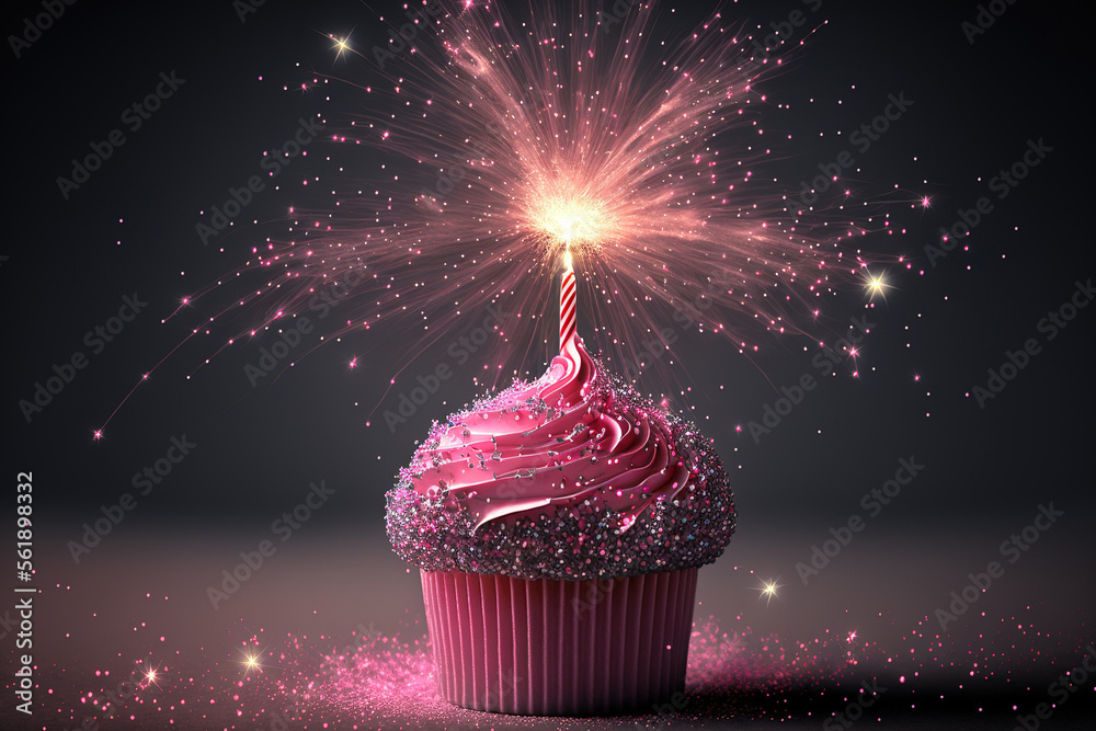cupcake in pink with sparklers. Generative AI Stock Illustration | Adobe Stock