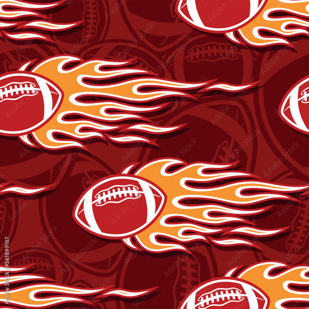 American football balls in burning fire flame seamless pattern vector ...