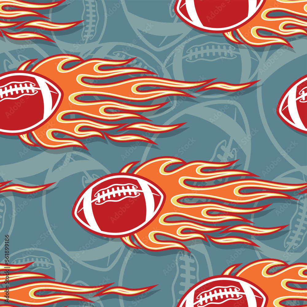 American football balls in burning fire flame seamless pattern vector ...